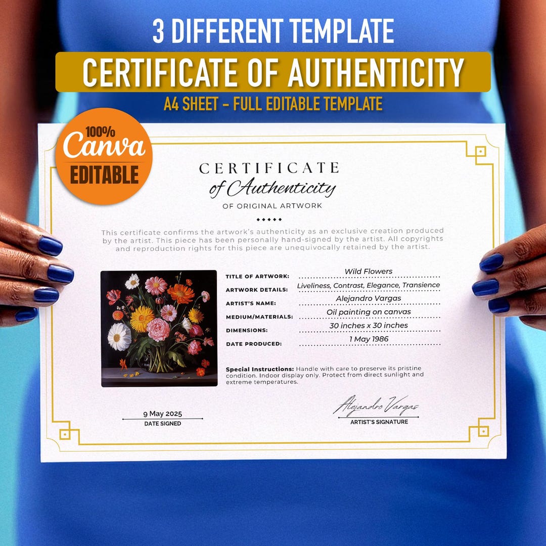 Canva Editable Certificate of Authenticity Artwork Template, A4 ...