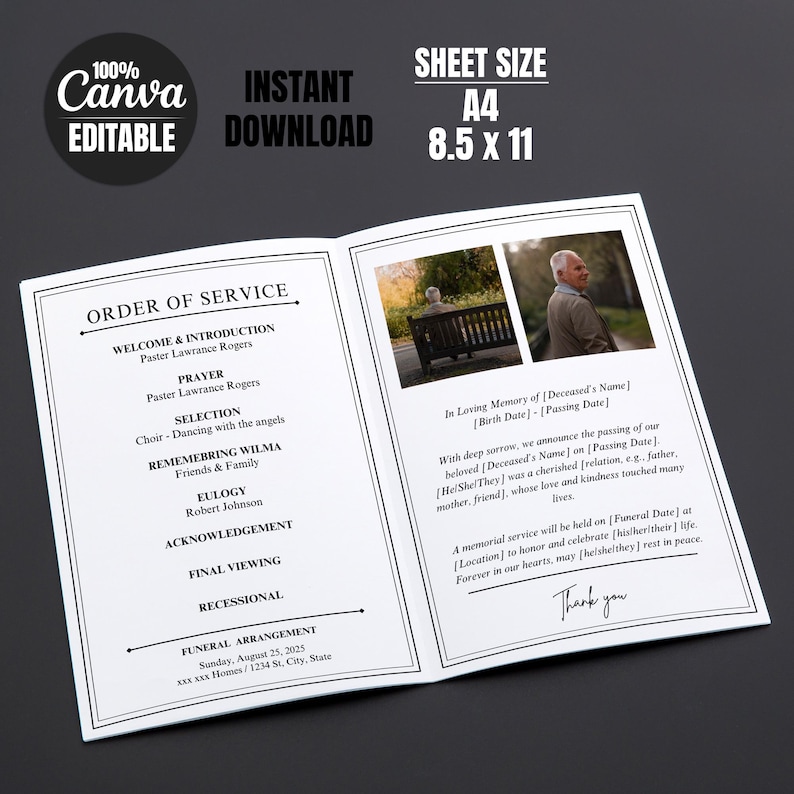 Editable Funeral Program Template: Canva Memorial (8.5"x11" - A4 ...