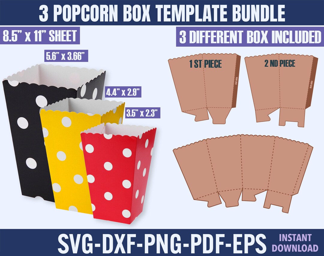 Popcorn Box Template Bundle, Popcorn Box Template Svg, Popcorn Box Svg ...