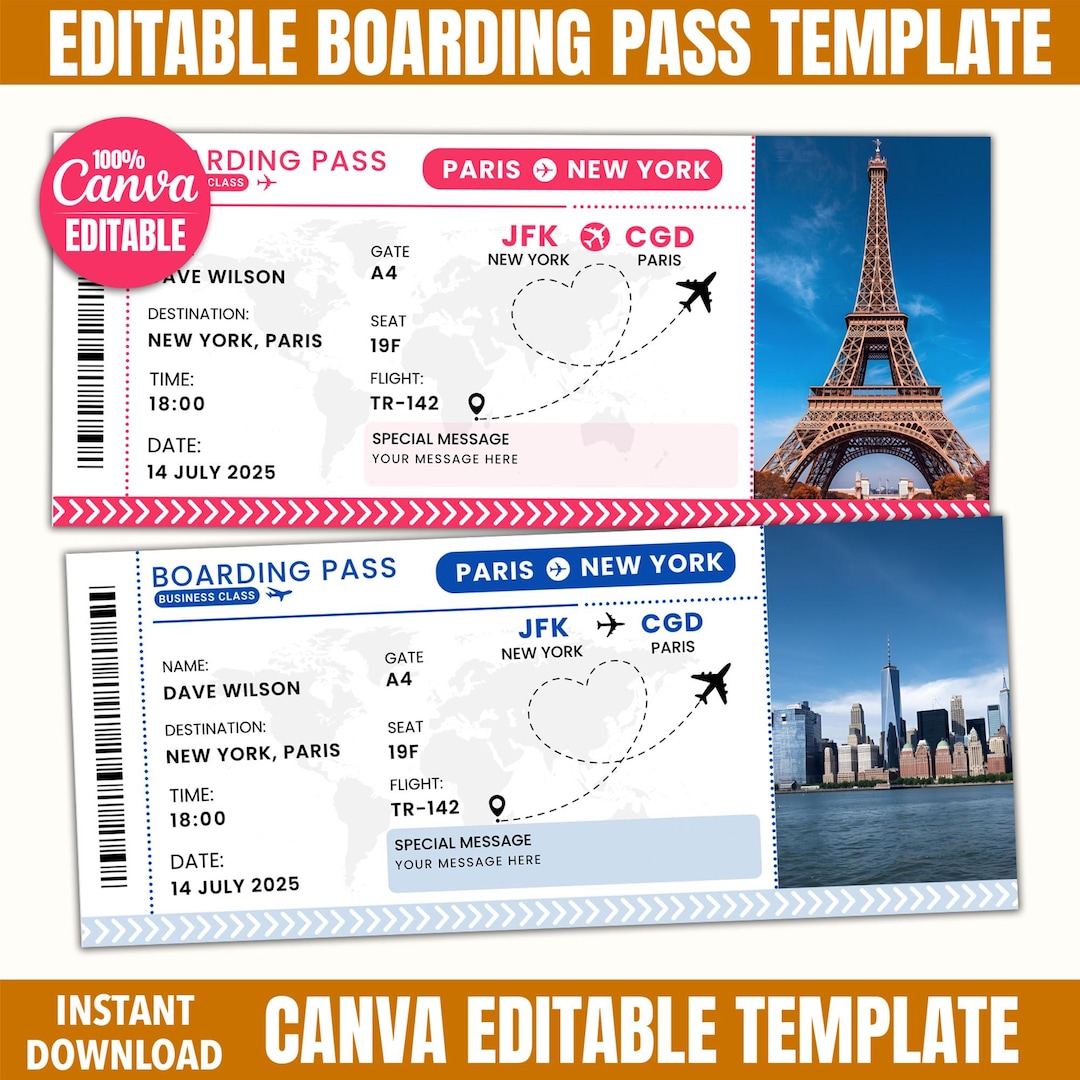 Editable Boarding Pass Ticket Template, Surprise Travel Reveal (canva ...