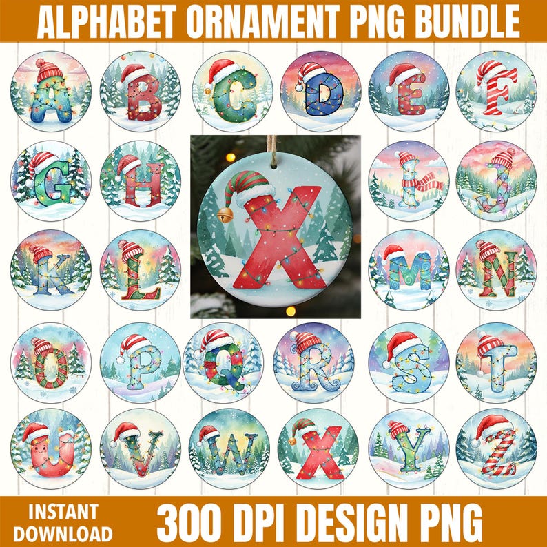 Alphabet Christmas Ornaments PNG Bundle, Personalized Initial Design ...