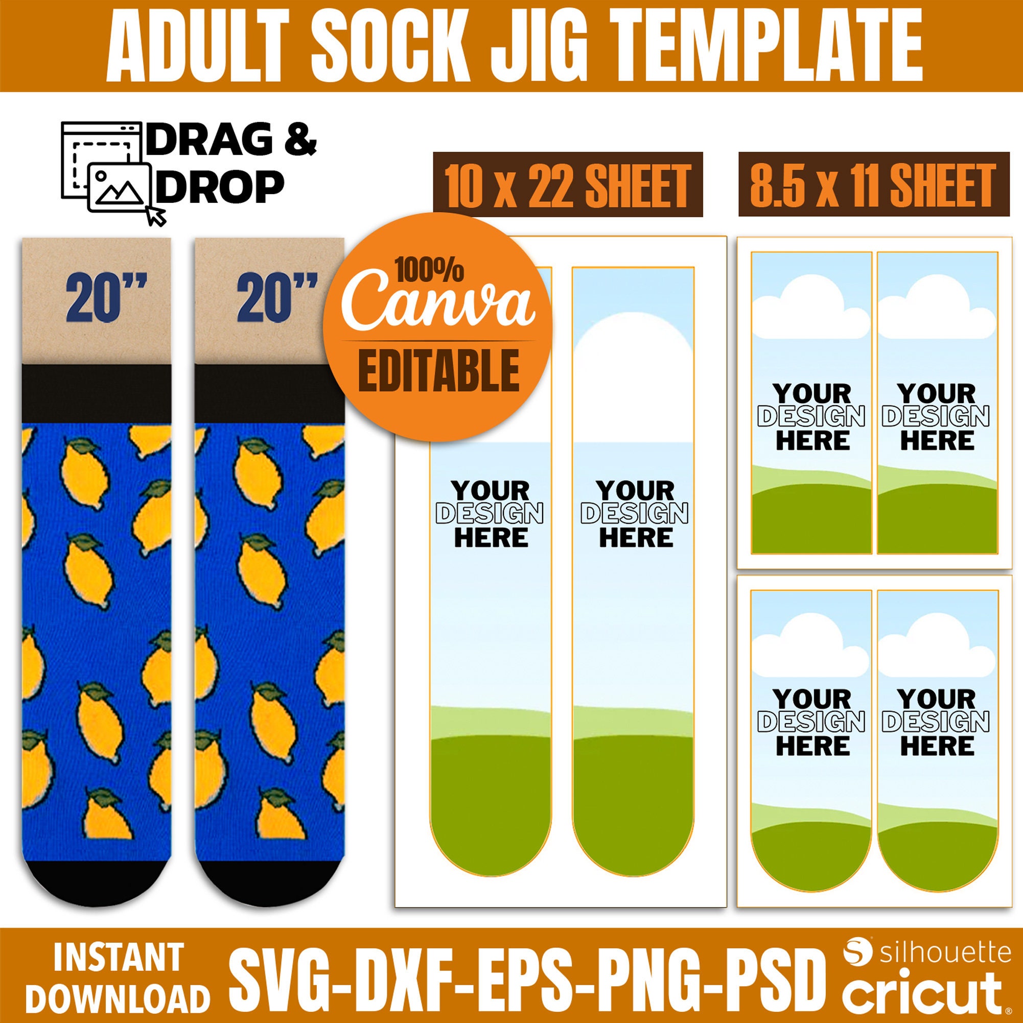 Adult Sock Jig Template: Sublimation SVG PNG PDF Canva (digital ...