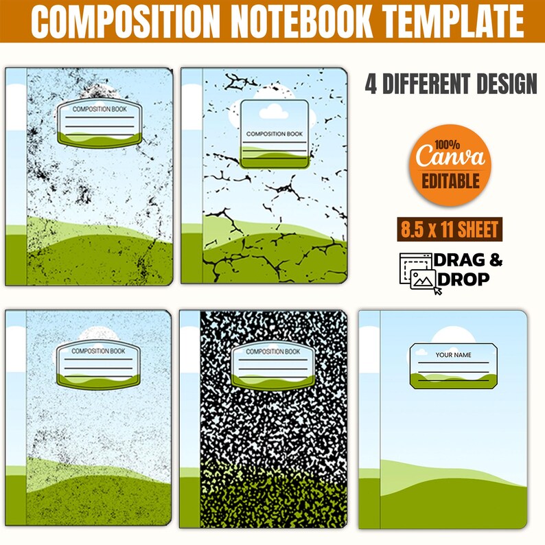 Canva Composition Notebook Cover Template: 10 Editable Label Designs ...