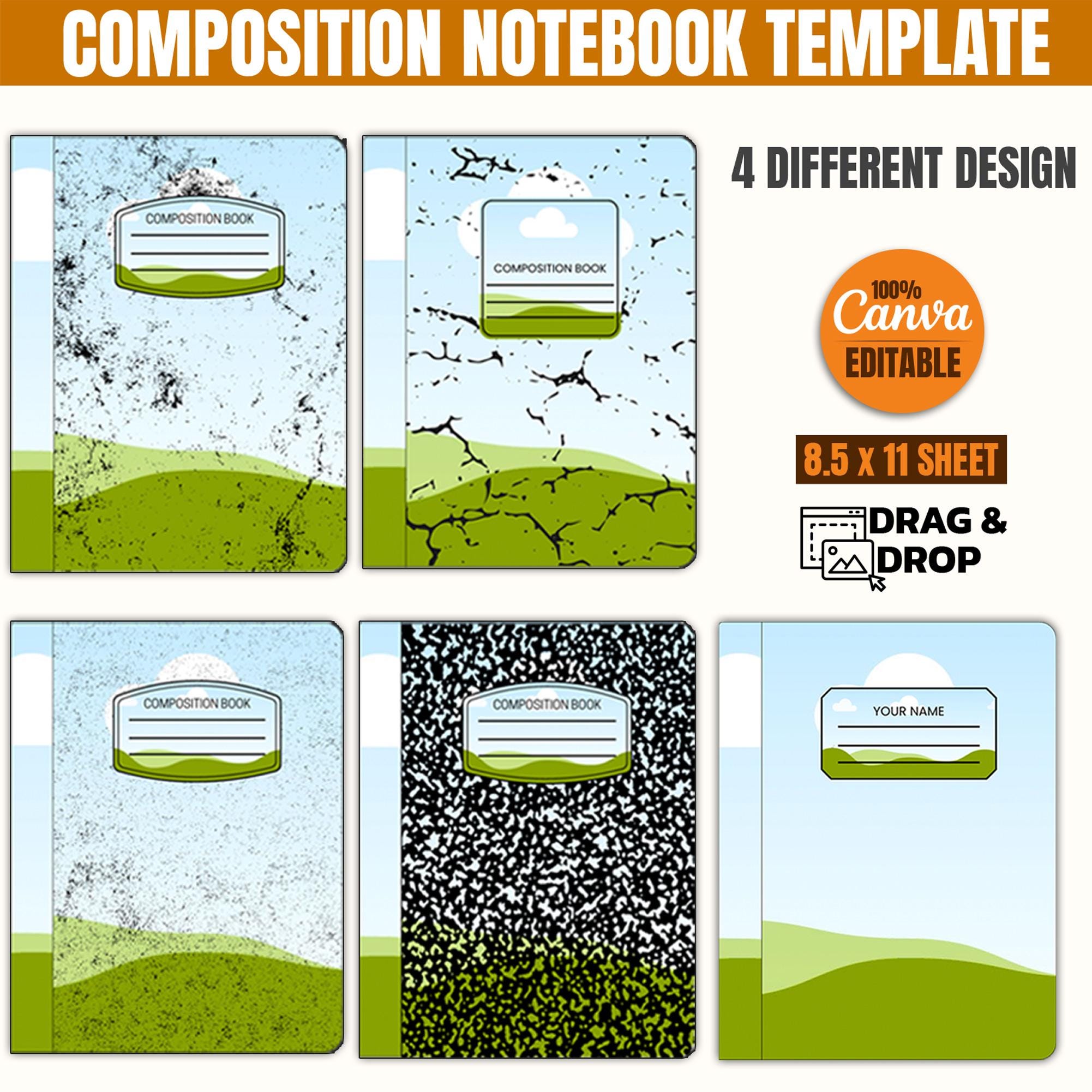 Canva Composition Notebook Cover Template: 10 Editable Label Designs ...