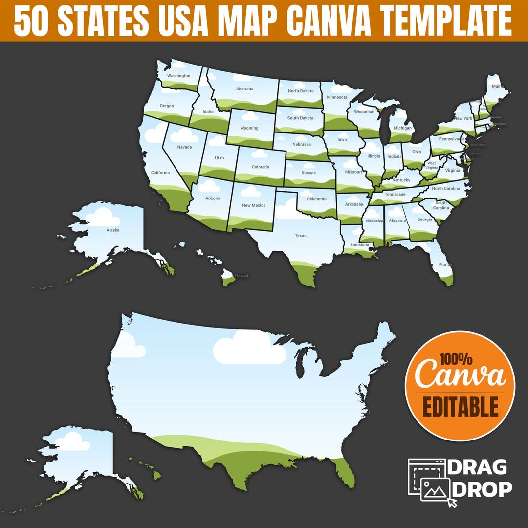 50 States USA MAP Canva Frame Template, Usa Map Template, United States ...
