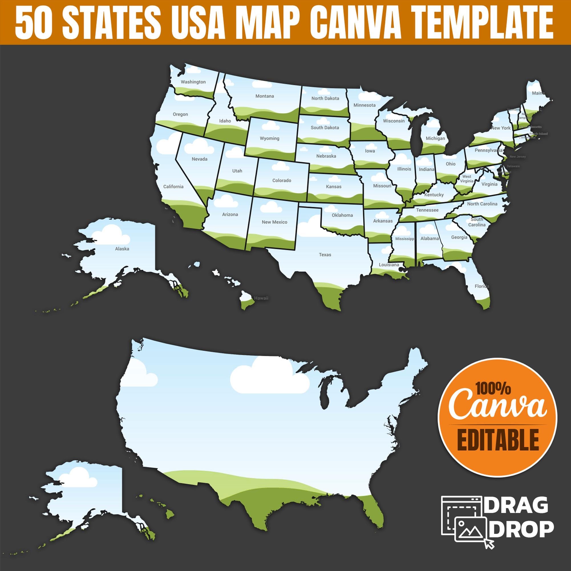 50 States USA MAP Canva Frame Template, Usa Map Template, United States ...