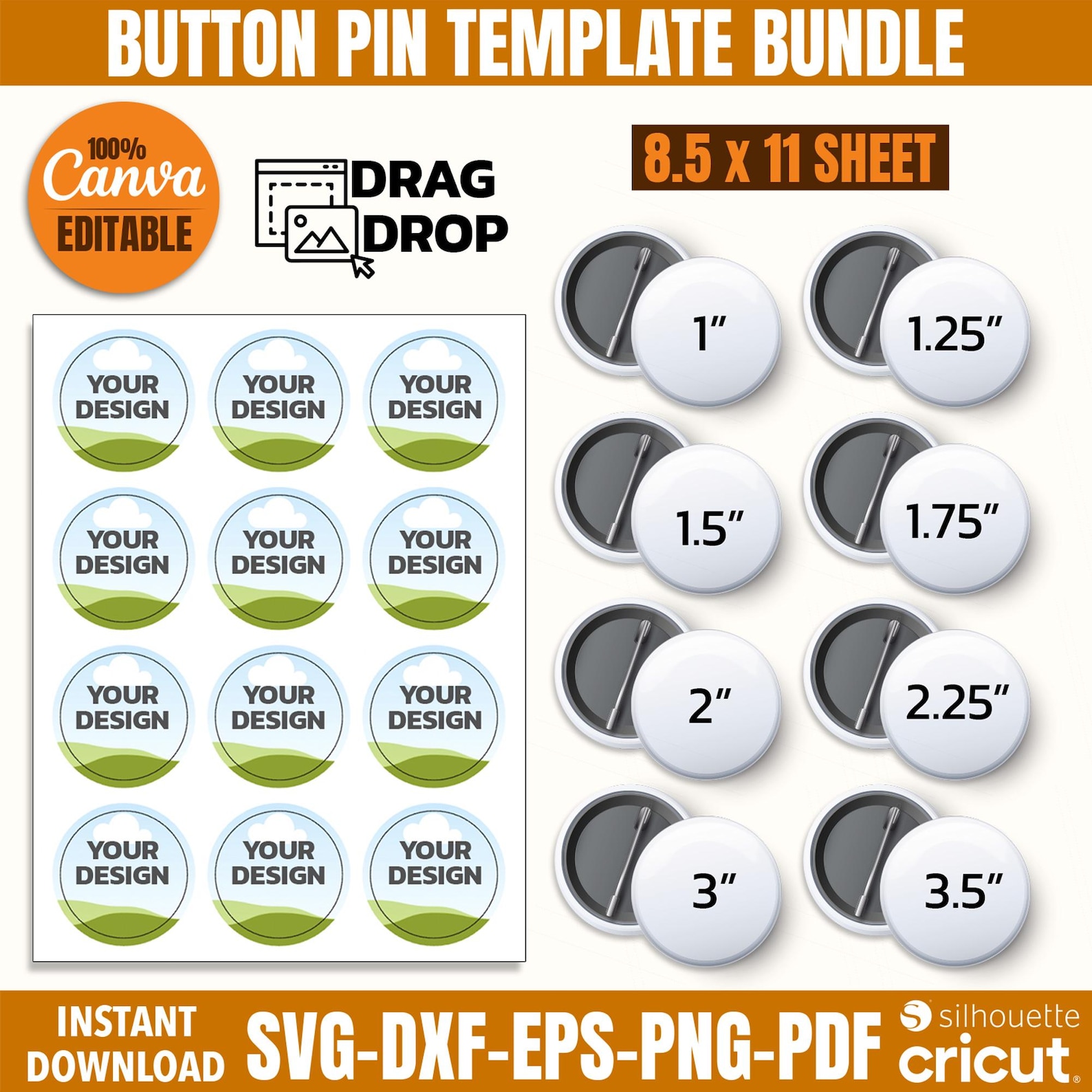Button Pin Template Bundle: Canva & SVG, 8 Sizes (digital Download) - Etsy