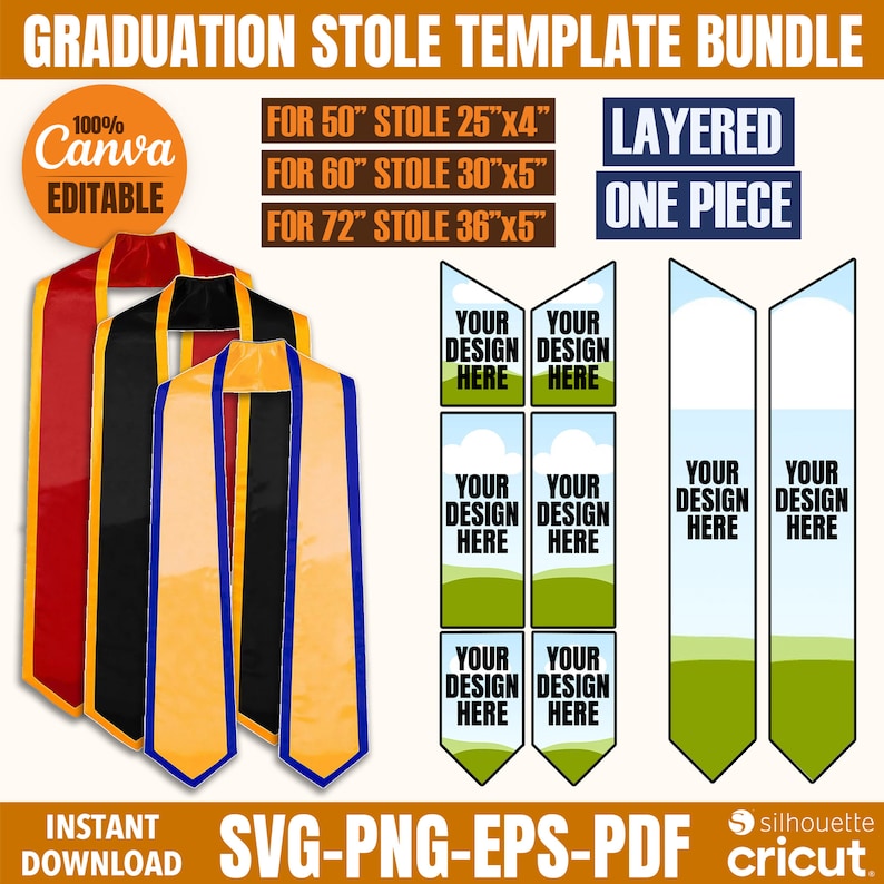4 Size Editable Graduation Stole Template Bundle, Canva Blank Stole for ...