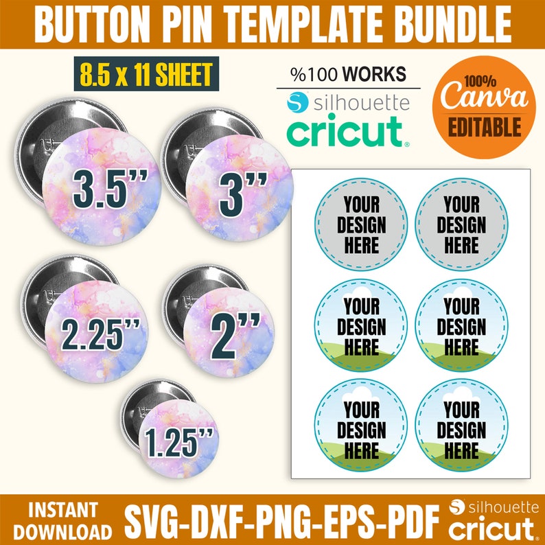 Button Pin Template Bundle, SVG PNG PDF, Canva Cricut Silhouette ...