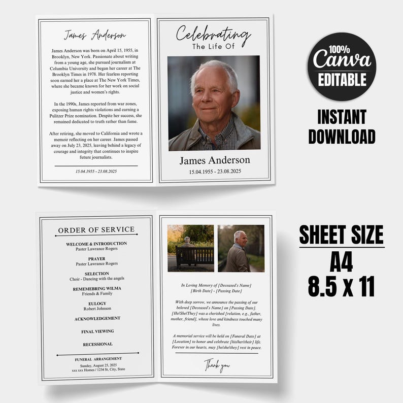 Editable Funeral Program Template: Canva Memorial (8.5"x11" - A4 ...