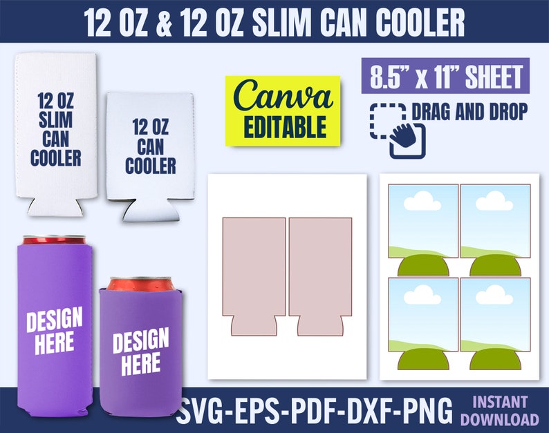 12 Oz Slim & Standard Can Cooler Template: SVG, PNG, PDF (digital ...