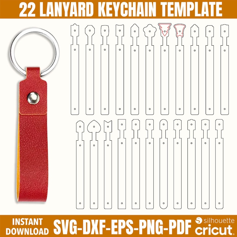 Leather Keychain Template SVG: 22 Lanyard Designs, Cricut File (digital ...