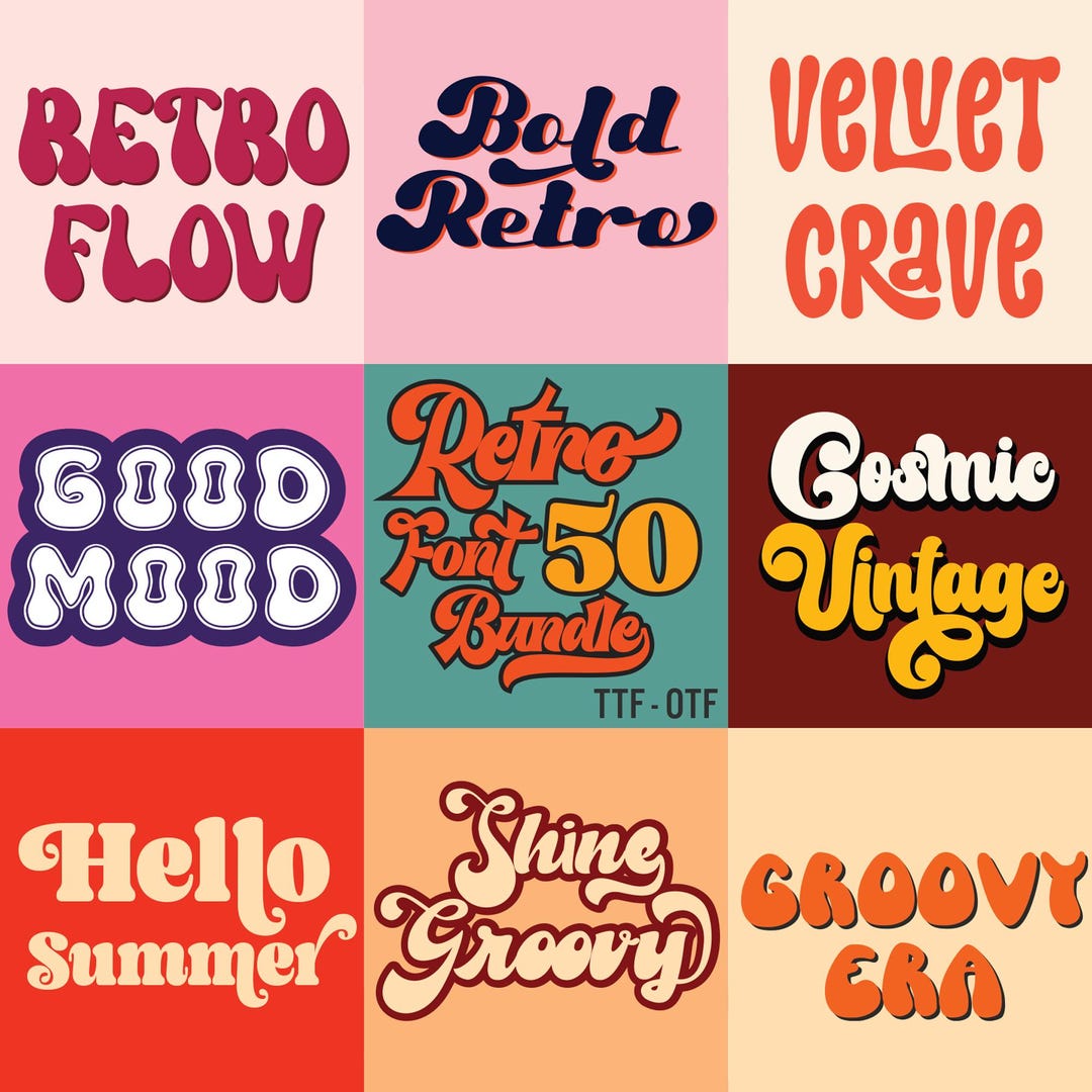 Groovy Retro Font Bundle, Retro Font, Groovy Font, Cursive Font ...