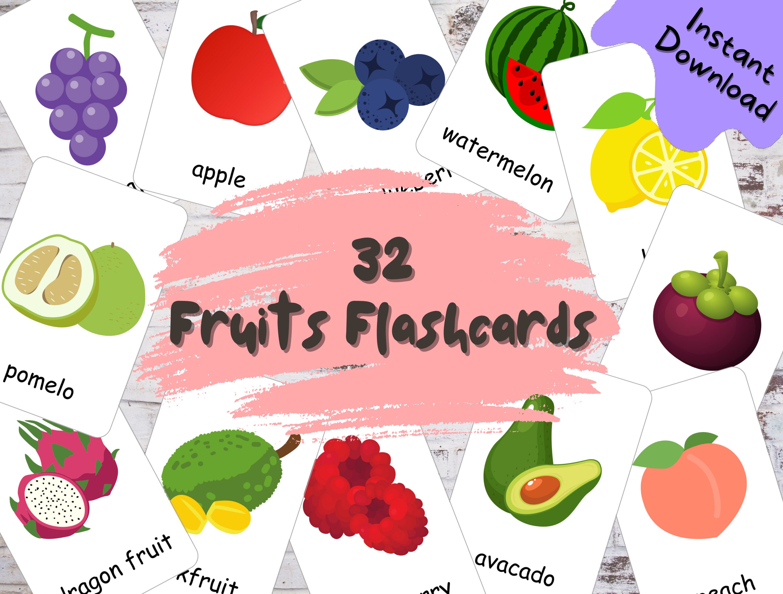 FRUITS 32 Printable Flashcards Montessori Nomenclature Cards Perfect ...