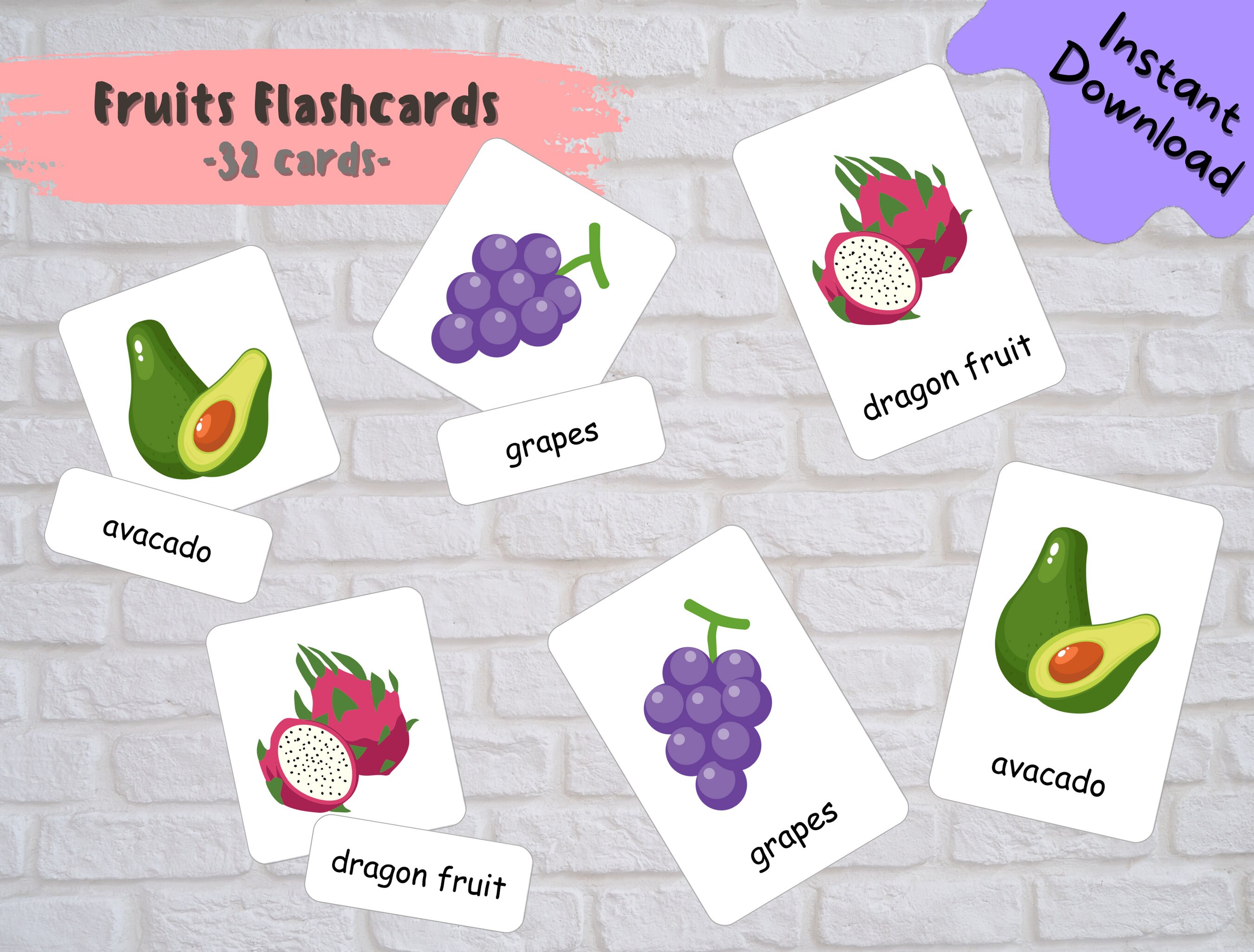FRUITS 32 Printable Flashcards Montessori Nomenclature Cards Perfect ...