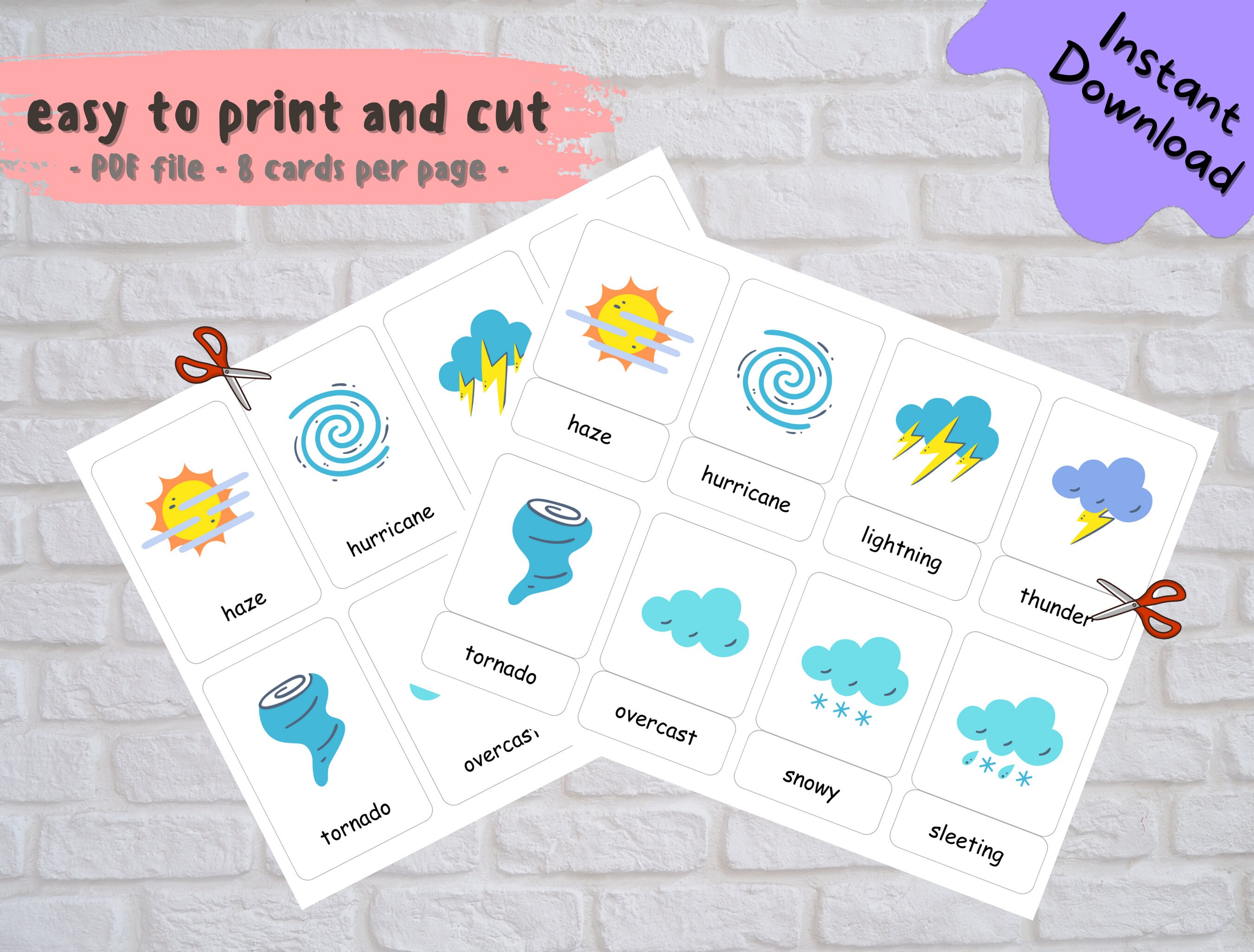 WEATHER 24 Printable Flashcards Montessori Nomenclature Cards Perfect ...