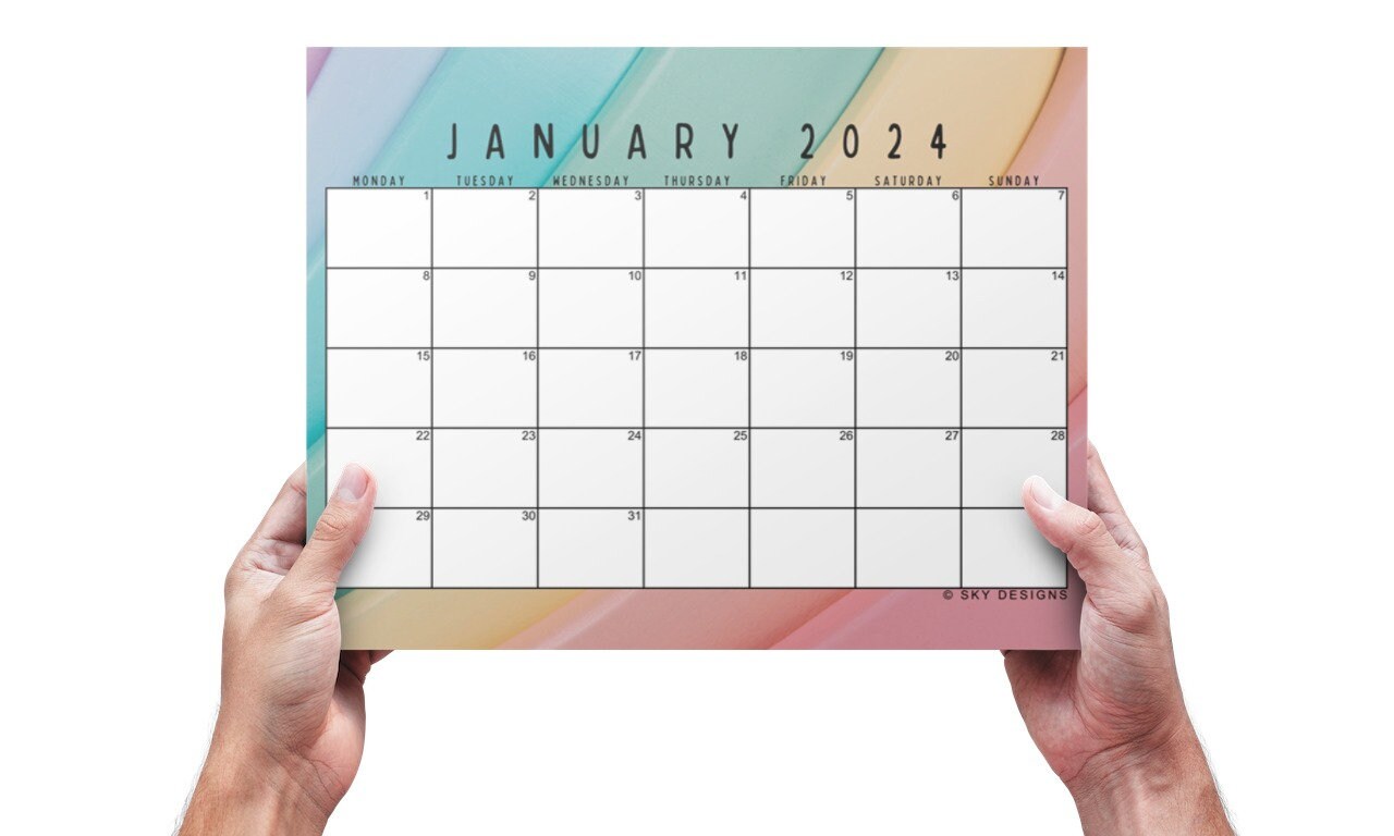 2024 Monthly Calendar Pastel Printable Landscape Monday Start Sunday ...