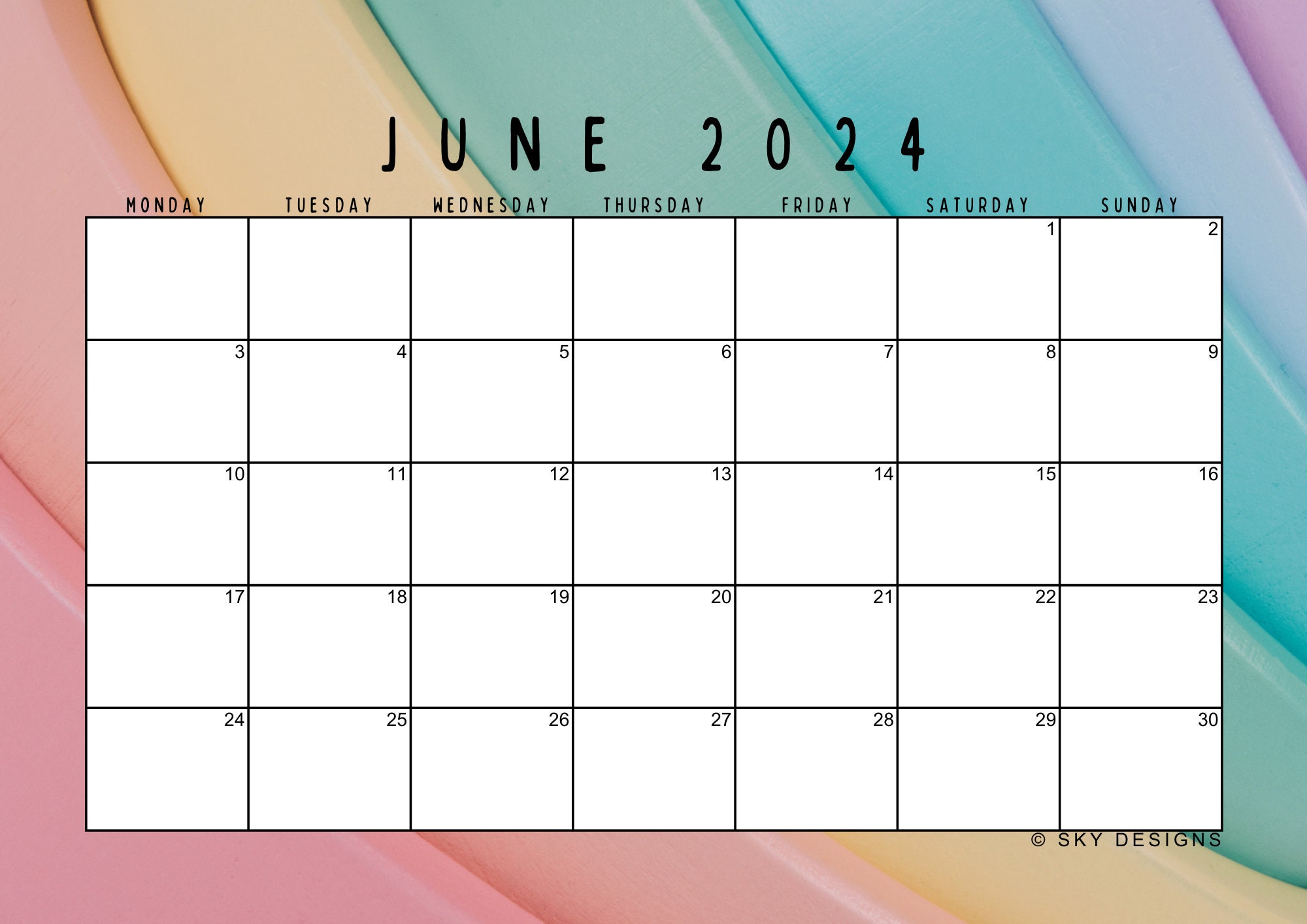 2024 Monthly Calendar Pastel Printable Landscape Monday Start Sunday ...