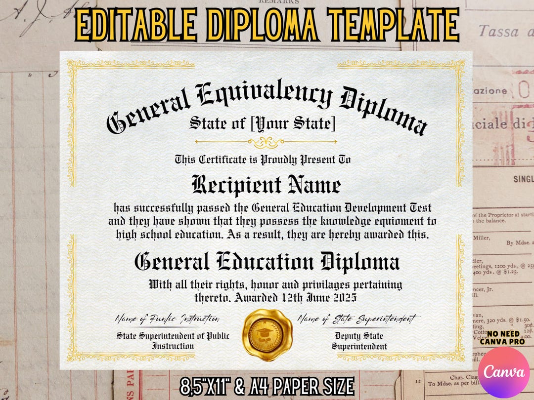 Custom GED Diploma Template: Printable School Equivalency Certificate ...