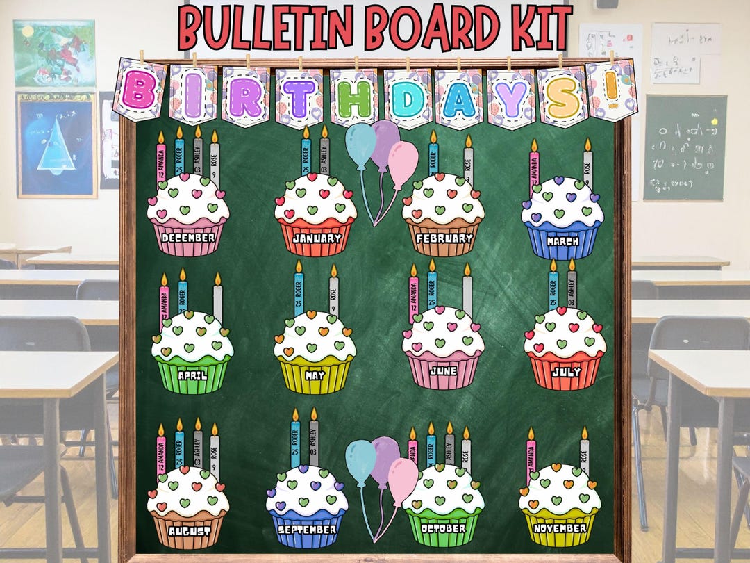 Classroom Birthday Display Cupcake Bulletin Board Kit, Crayon Rainbow ...