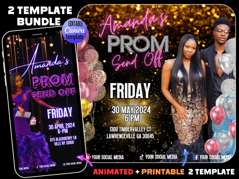 Editable Prom Send off Flyer Template Canva Prom Celebration Black Prom ...