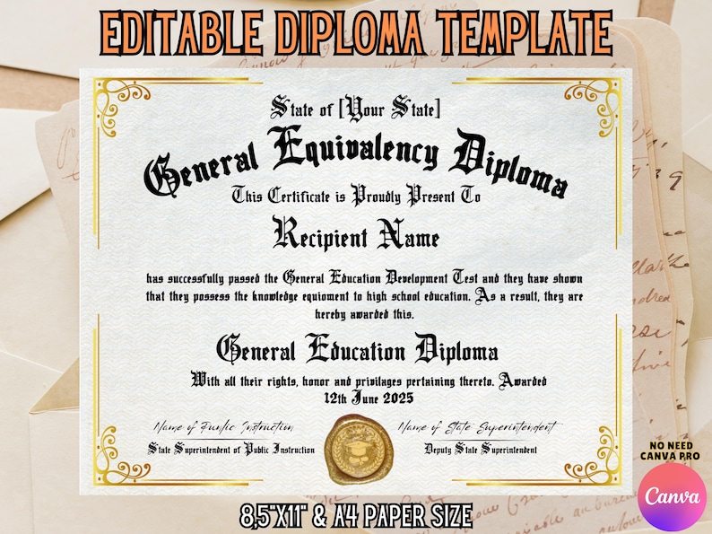 Editable GED Diploma Template: Graduation Replica Diploma Printable ...