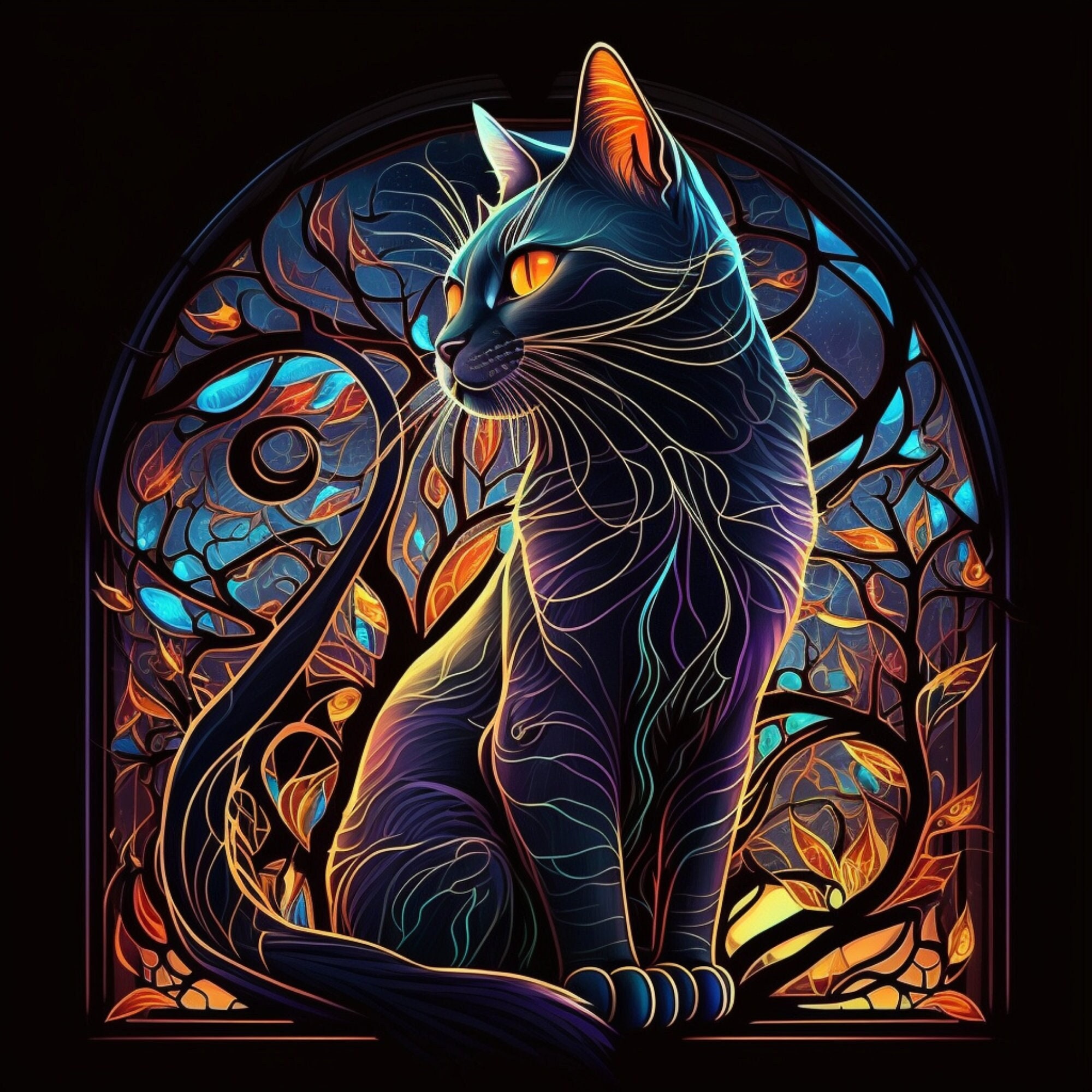 Neon Black Cat Stained Glass Design for Tumbler Sublimation - Etsy