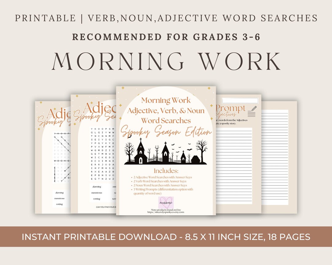 Fall Morning Work: Verb, Noun, Adjective Word Searches (grades 3-6) - Etsy