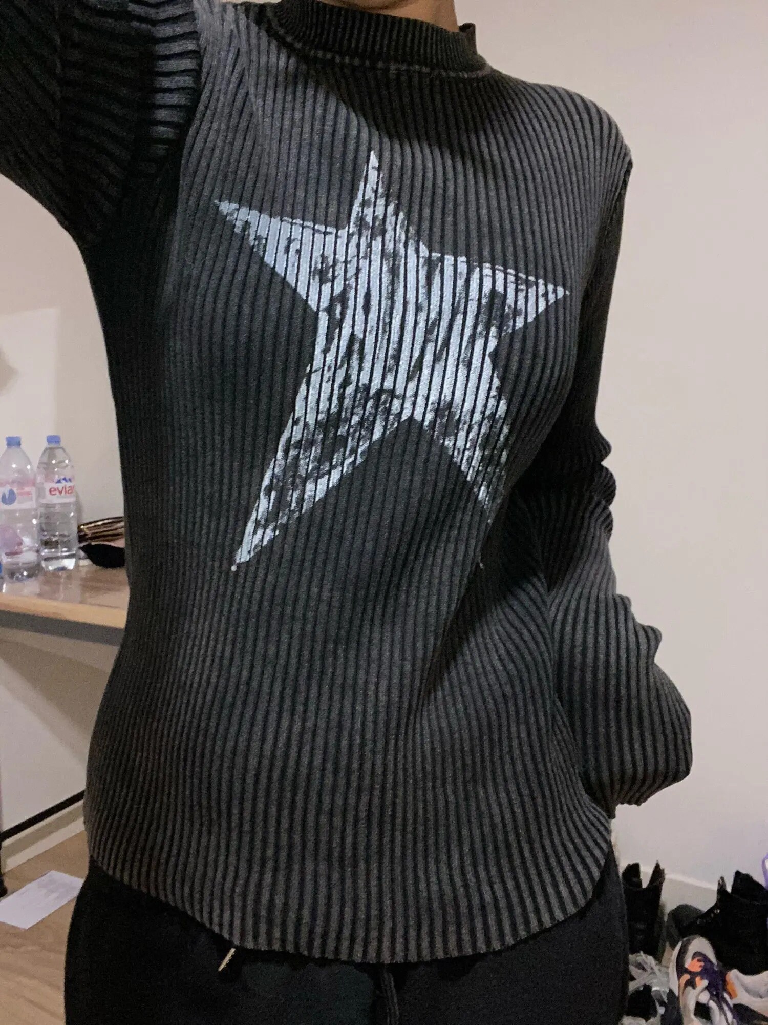Black Sweater With Y2K Stripes,black Gothic Striped Sweater,korean ...