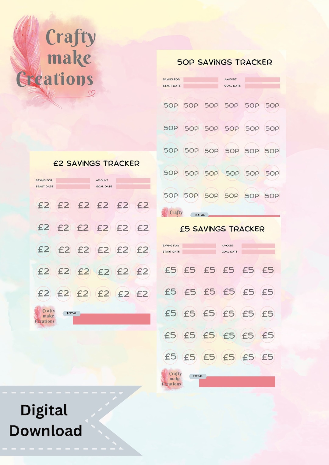 50p Savings Tracker, Digital Download, 1 X A6 Printable, Simple ...