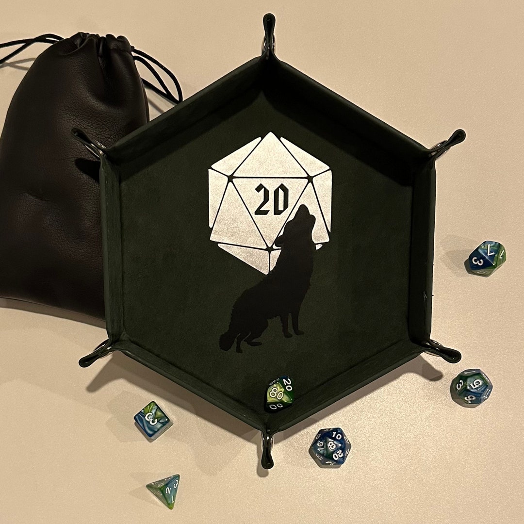 Wolf Howling at a D20 Collapsable Dice Tray for Tabletop RPG or ...