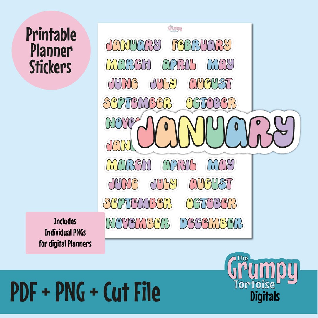 Months of the Year Printable Planner Stickers I Bubble Font I Rainbow ...