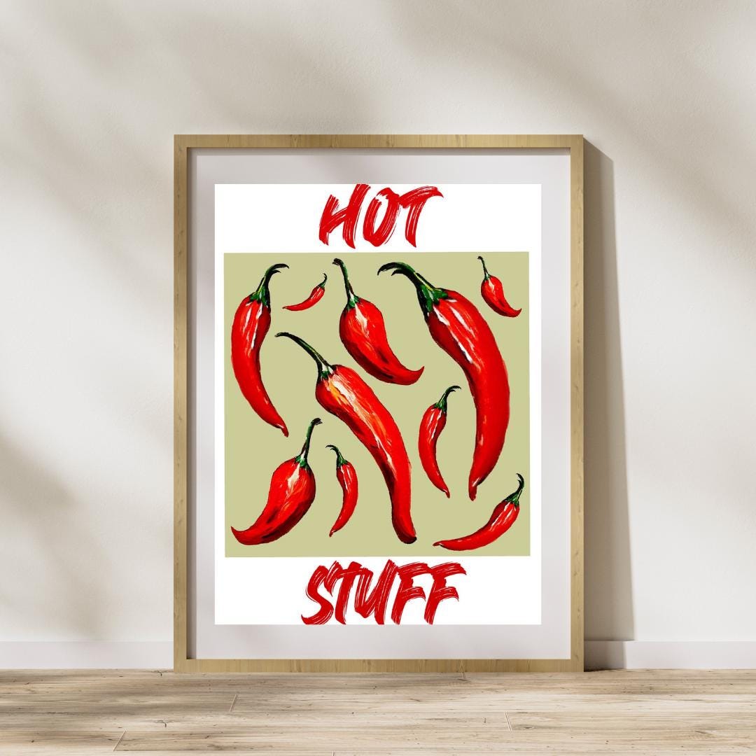 Hot Stuff Chilli Poster, Retro, Kitchen Poster, Food Poster, Gift for ...