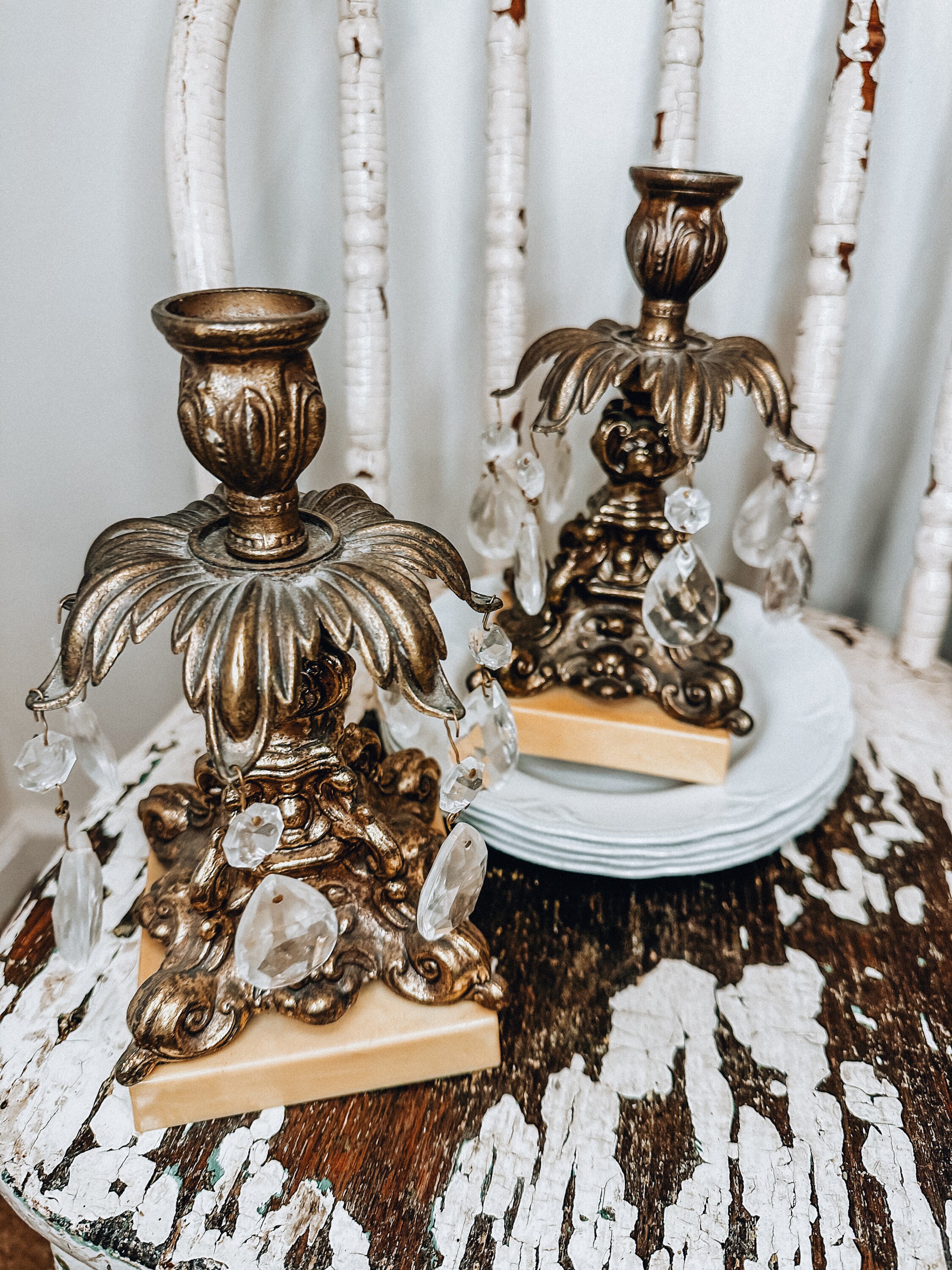 Brass Vintage Candlesticks With Crystals on Base - Etsy
