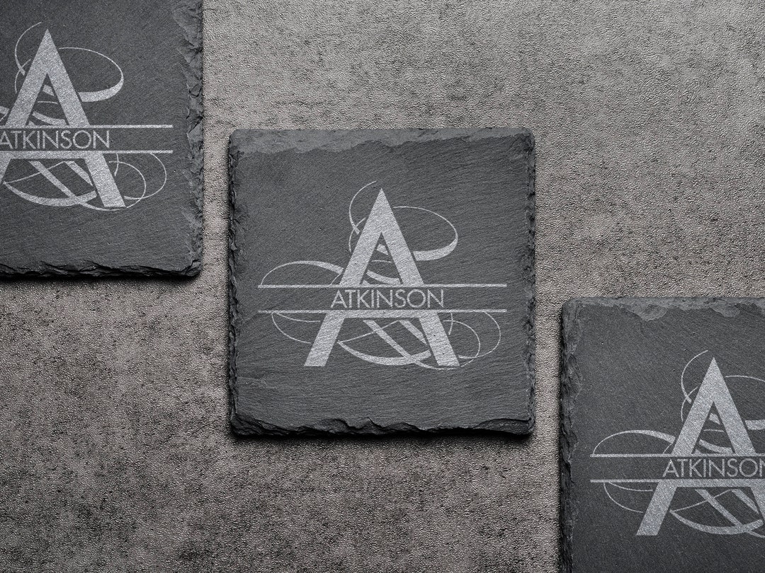 Custom Name Monogram Engraved Slate Coasters, Ornate Monogram Coaster ...