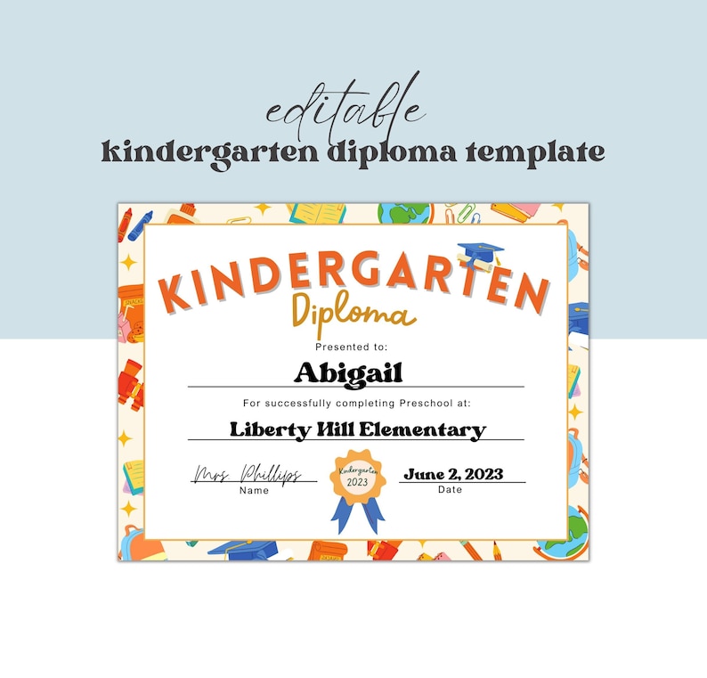 Kindergarten Diploma, Kindergarten Graduation Certificate, Editable ...