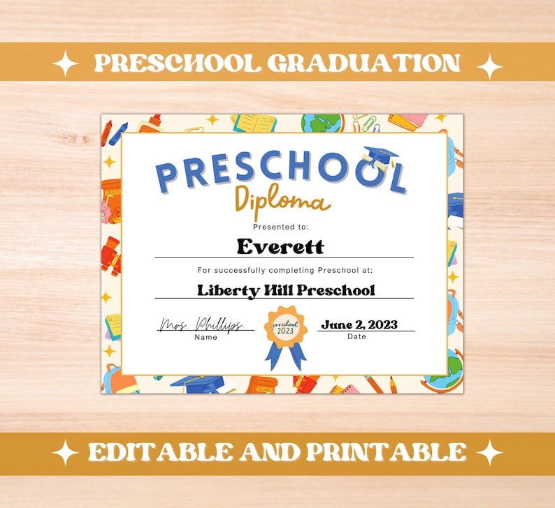 Preschool Diploma Preschool Graduation Editable Preschool - Etsy
