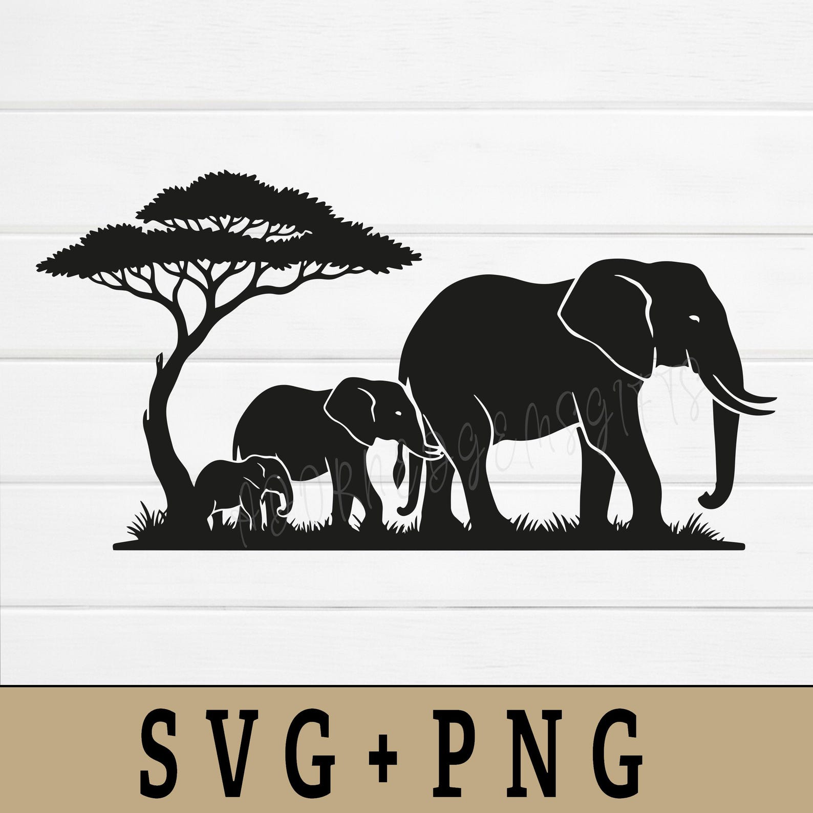 African Elephant Family SVG PNG: Savannah Safari Landscape, Acacia Tree ...