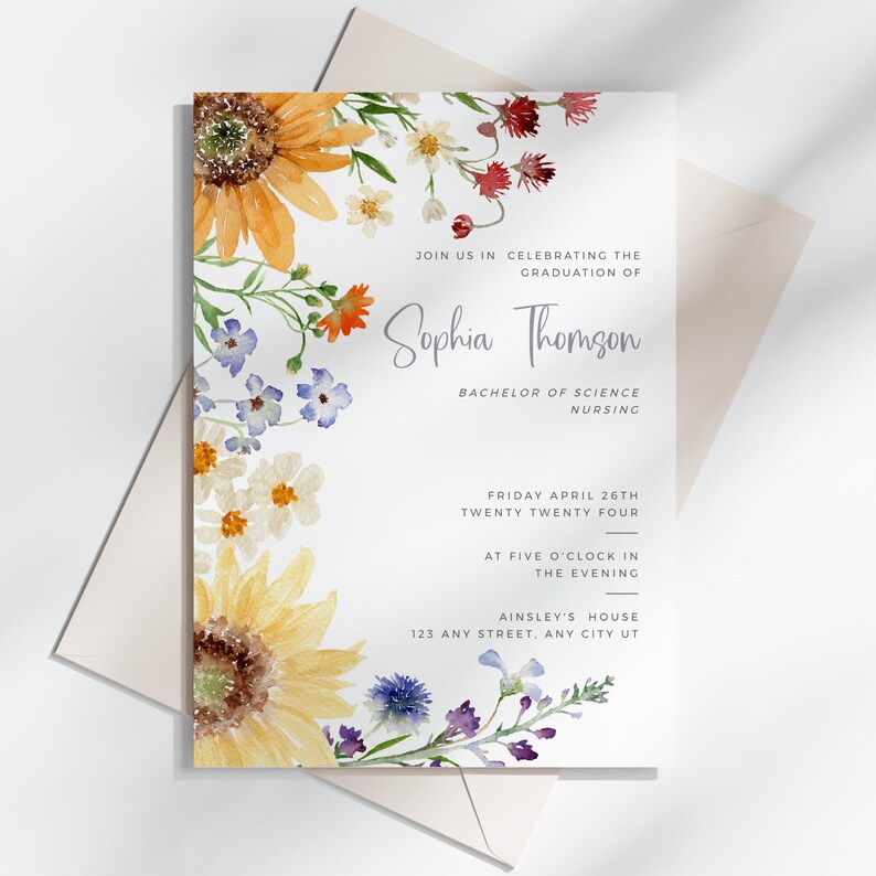 Wildflower Graduation Party Invitation Template, Wild Flower Invite ...