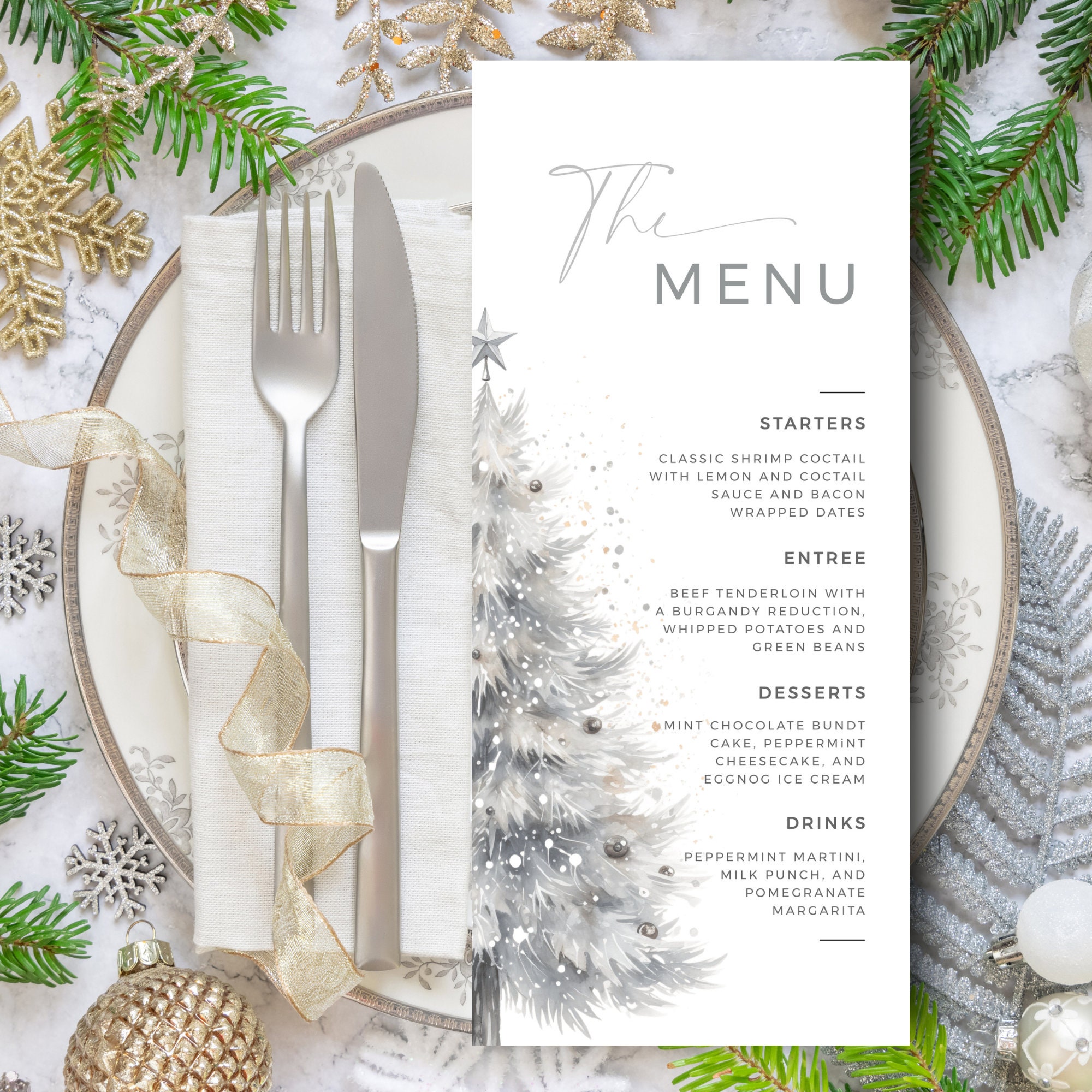 Christmas Dinner Menu Card Template, Holiday Place Card Thank You ...