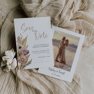 Boho Floral Save the Date Card Template Editable Photo Invitation ...