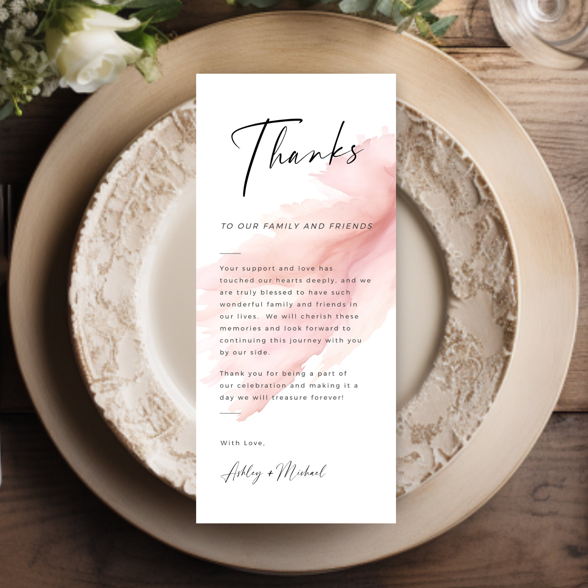 Modern Wedding Table Thank You Template, Wedding Napkin Note, Blush ...