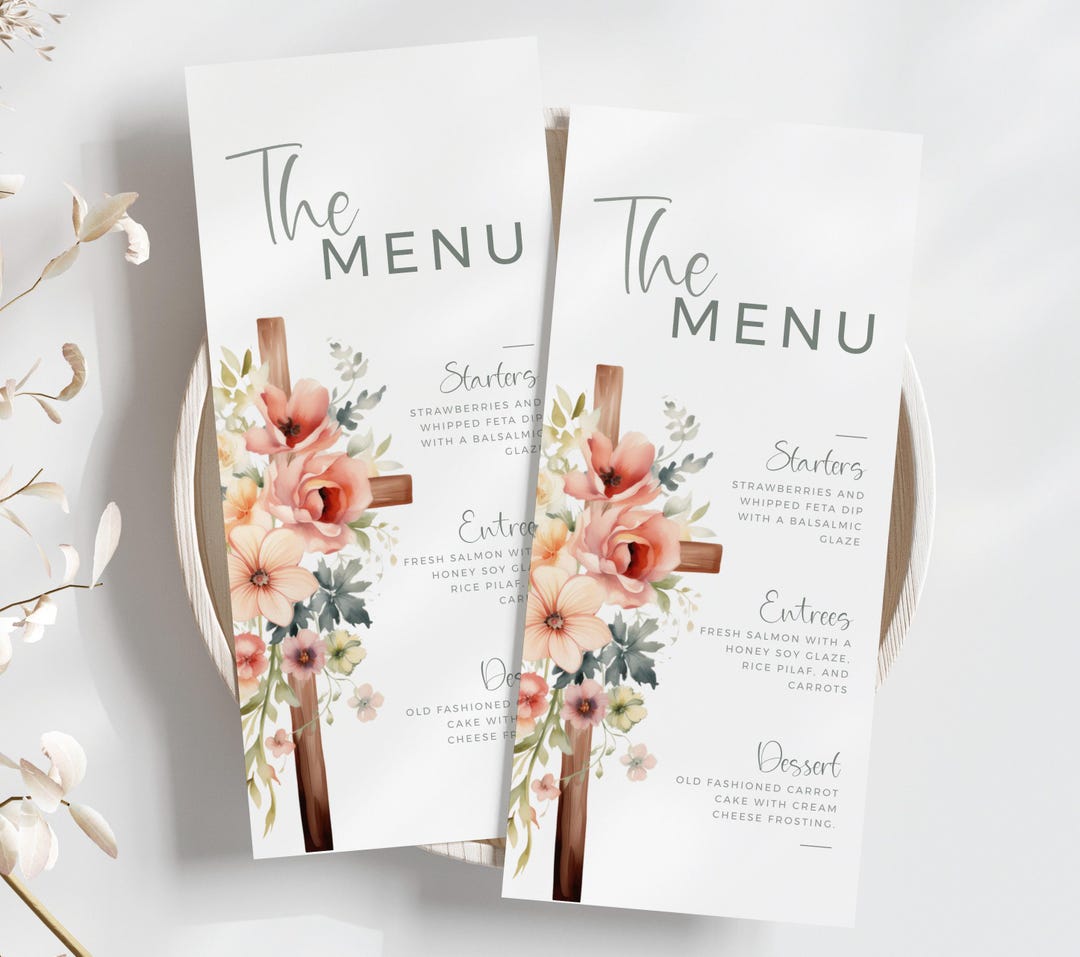 Easter Dinner Menu Card Template, Blush Floral Cross, Editable Template ...