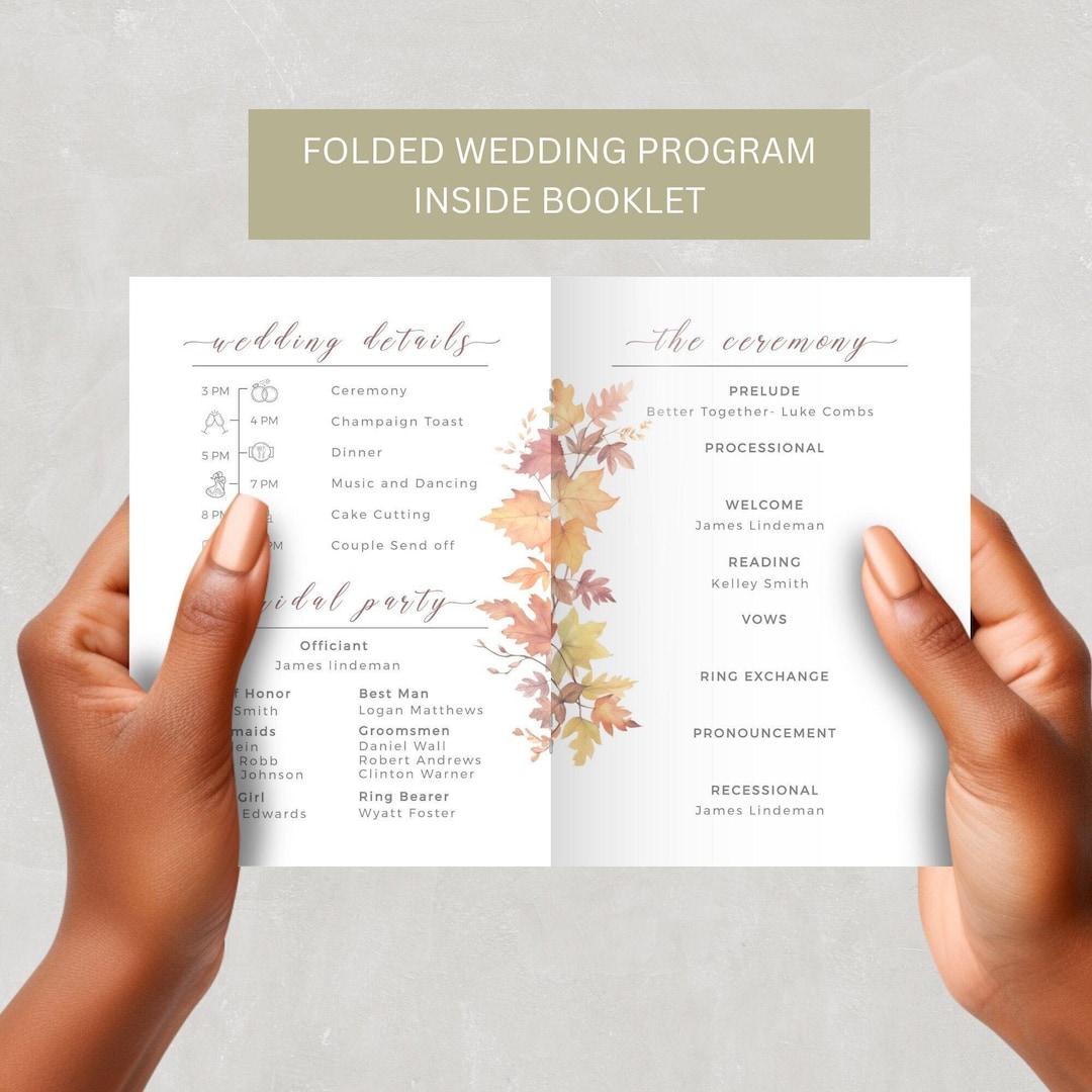 Fall Wedding Bifold Program , INSTANT DOWNLOAD, Folded Minimalist ...