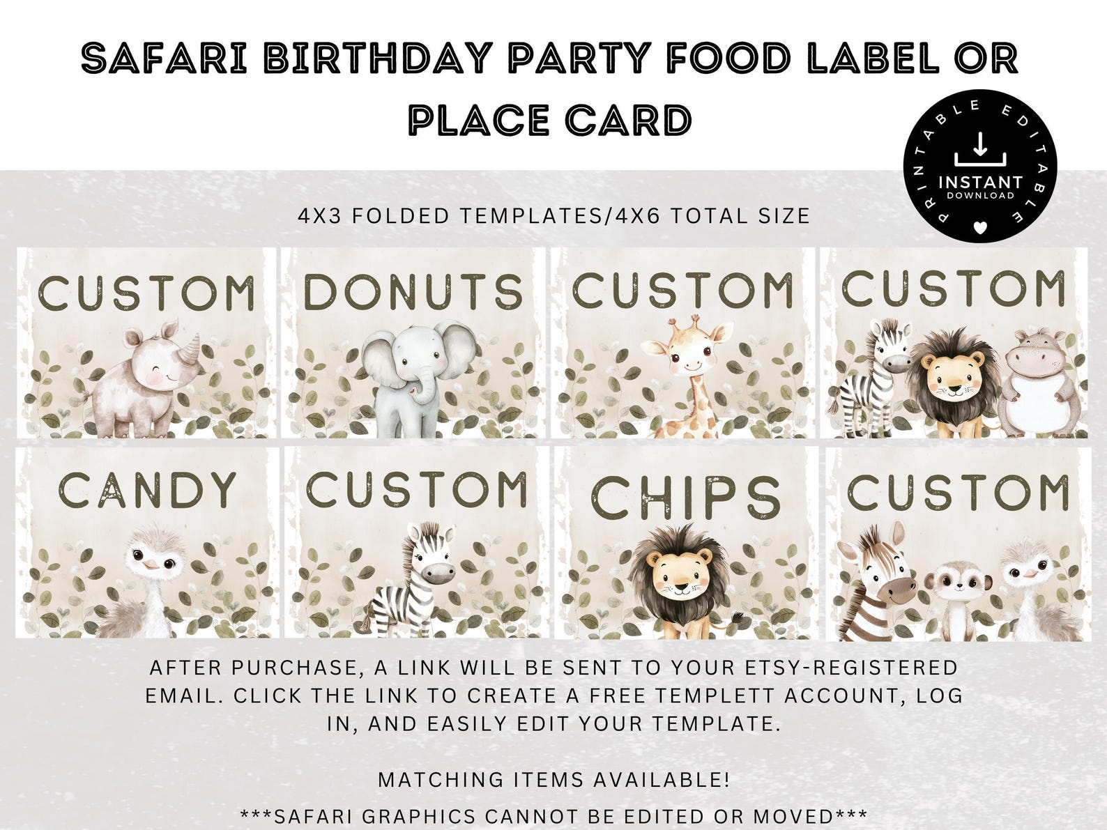Safari Animal Food Labels: Jungle Birthday Party Place Cards (instant ...