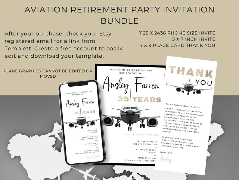 Pilot Retirement Invitation Bundle, Black & Gold Aviation Themed Invite ...