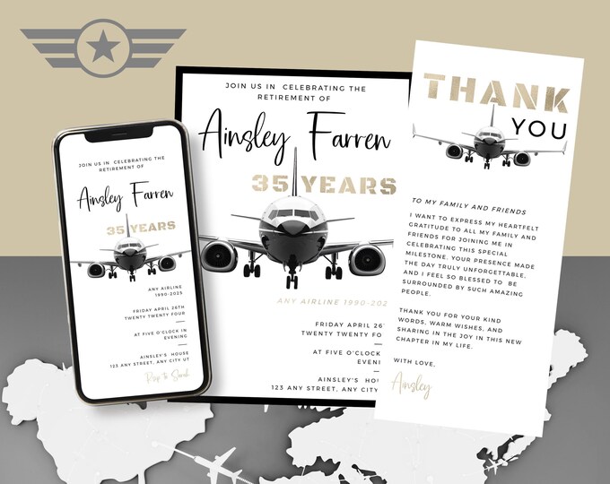 Pilot Retirement Invitation Bundle, Black & Gold Aviation Themed Invite ...