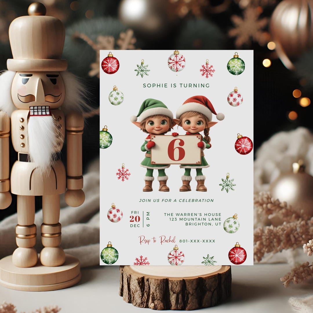 Elf Christmas 6th Birthday Party Invitation: Editable Template (digital ...