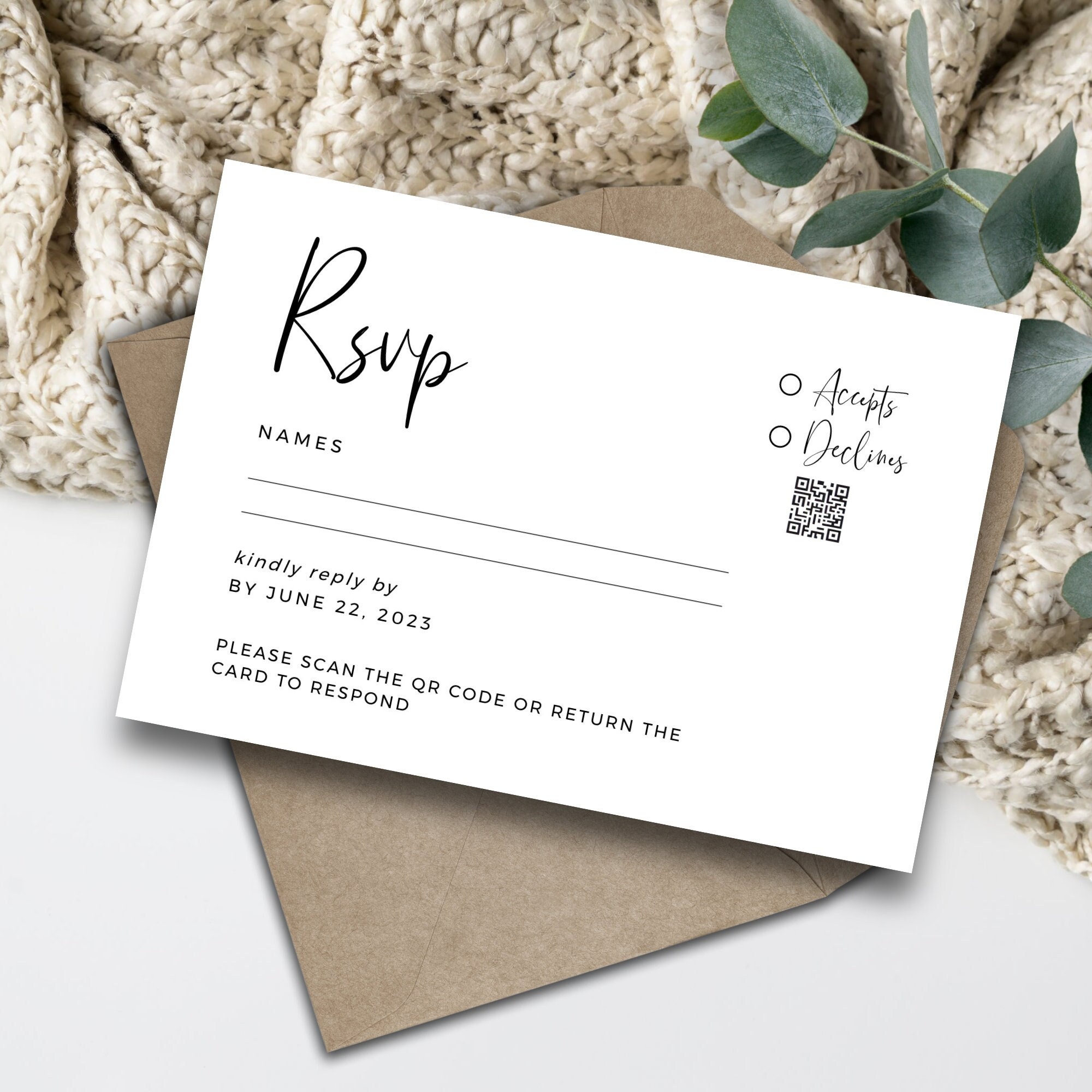 Minimalist QR Code Response Card, Editable Wedding Reply Cards, Modern ...