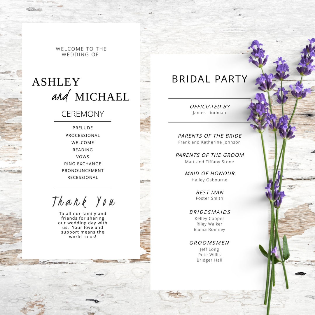 Elegant Wedding Program Template, INSTANT DOWNLOAD, Minimalist Ceremony ...